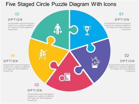 Five Staged Circle Puzzle Diagram With Icons Flat Powerpoint Design PowerPoint Slide Images
