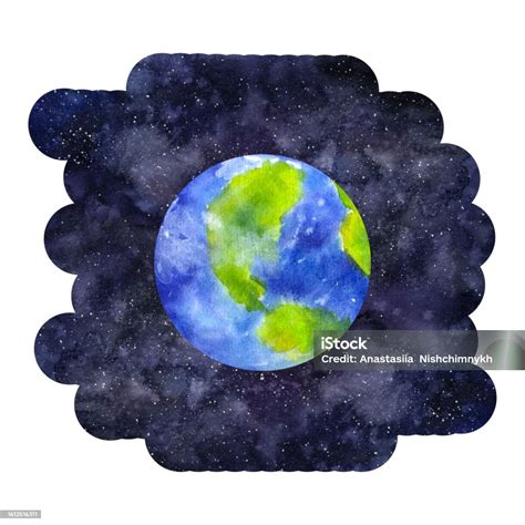 지구 푸른 행성 태양계 코스모스 공간 클립 아트 손으로 어두운 하늘 배경에 분리된 수채화 그림을 그립니다 디자인 요소 엽서 포스터 로고 0명에 대한 스톡 벡터 아트 및 기타