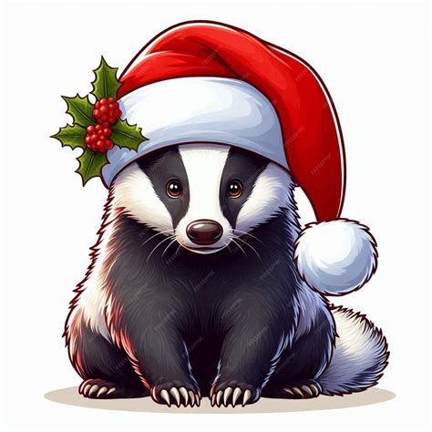 A Cute Badger Sitting Christmas Holiday Santa Hat Vector Cartoon