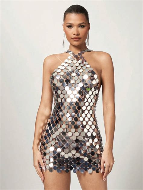 Shein Bae Gorgeous Metallic Sequins See Through Backless Nightclub Sexy