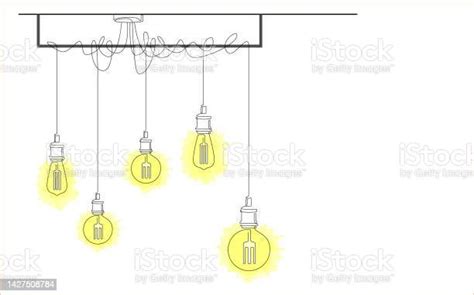 에디슨 전구가있는 펜던트 램프가있는 현대적인 로프트 스타일의 샹들리에의 한 줄 그리기 낙서 스타일로 빛나는 전구의 연속 선 그리기 텍스트에 대한 장소가 있는 가로 벡터