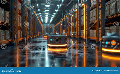 Automated Warehouse Robots In A High Tech Storage Facility Generative Ai Stock Illustration