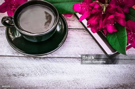 책 커피와 진달래 꽃 나무 바탕에 잔 커버 카드입니다 공간에 복사 합니다 3월에 대한 스톡 사진 및 기타 이미지 3월 Day 8 개념 Istock