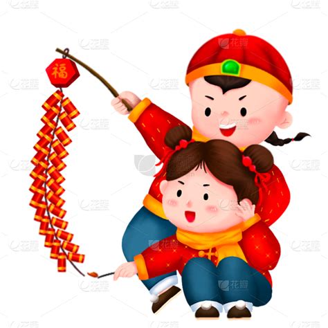 新年中国风插画 福娃放鞭炮图片 贴纸元素图片素材 花瓣网