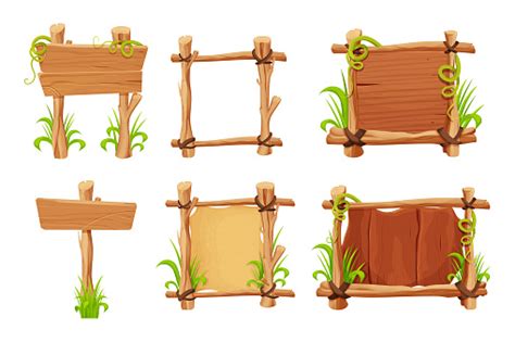 막대기에서 프레임을 설정 잔디와 리아나로 장식 나무 판자 흰색 배경에 고립 만화 스타일의 양피지 테두리 정글 패널 질감과 상세한 게임 자산 메뉴 우림에 대한 스톡 벡터 아트