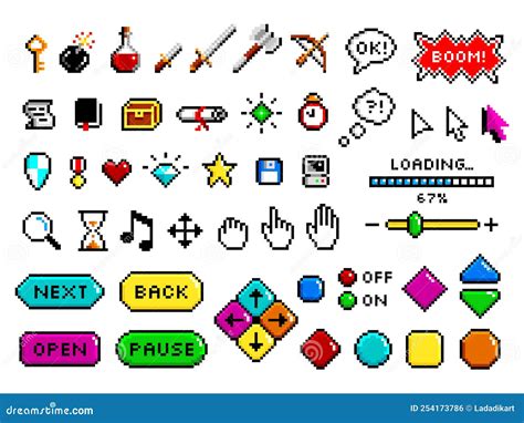 Pixel Game Elements Knight Sword Loading Start Pause 8 Bit Gaming Icons Retro Pixels Digital