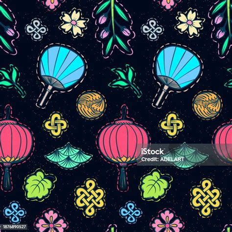 아시아 패치 배지 패턴입니다 일본 낙서 배경입니다 패션 자수 요소 아시아 문화 직물 중국어 중국 일본 싱가포르 대한민국 베트남 패브릭 디자인 벡터 스케치 Kabuki에 대한