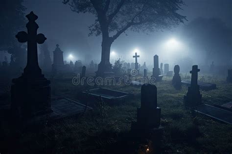 Illustration Of A Spooky Graveyard At Night With Eerie Fog Creeping
