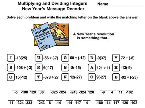 Multiplying And Dividing Integers New Years Math Activity Message
