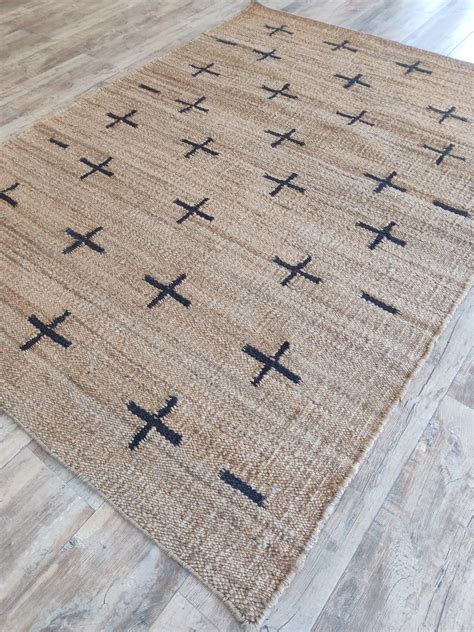 Jute Hemp Rug With Black Cross Pattern Handwoven Natural Fiber Floor