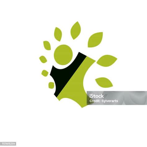 에 도달 하 여 행복 한 추상적 인 인간의 벡터 일러스트 레이 션 녹색 아이디어 창조적 인 기호를 이동 합니다 채식 테마 아이콘입니다 웰빙과 하모니 기호입니다 0명에 대한