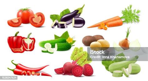 흰색 배경에 분리된 전체 및 얇게 썬 생야채 세트 토마토 가지 당근 후추 오이 감자 양파 칠리 페퍼 비트 호박 유기농 건강 식품