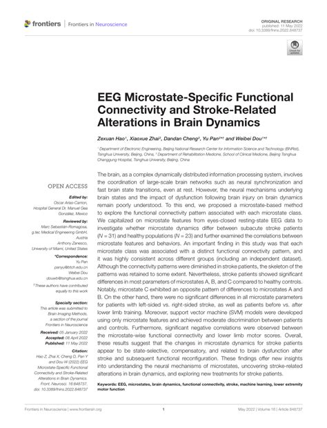 Pdf Eeg Microstate Specific Functional Connectivity And Stroke Related Alterations In Brain