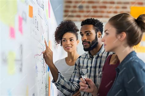 Diverse Team Collaborating On Whiteboard With Diagrams And Sticky Notes