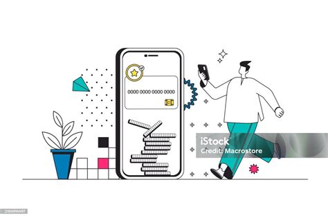 모바일 뱅킹은 현대적인 플랫 라인 디자인의 웹 개념을 간략하게 설명합니다 앱에서 신용 카드로 금융 계좌를 제어하고 디지털 지갑을