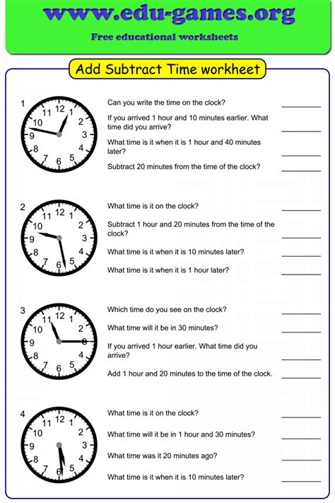 Adding And Subtracting Time Worksheet Printable Pdf Template