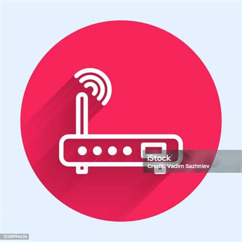 긴 그림자로 격리 된 화이트 라인 라우터 와이파이 신호 아이콘 무선 이더넷 모뎀 라우터 컴퓨터 기술 인터넷 빨간색 원 버튼입니다 벡터 일러스트레이션 0명에 대한 스톡 벡터