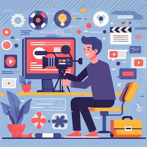 Premium Vector A Man Sits At A Desk With A Camera And A Picture Of A Man Working On A Computer