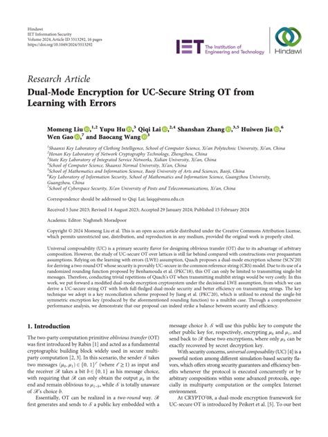 Pdf Dual Mode Encryption For Uc Secure String Ot From Learning With