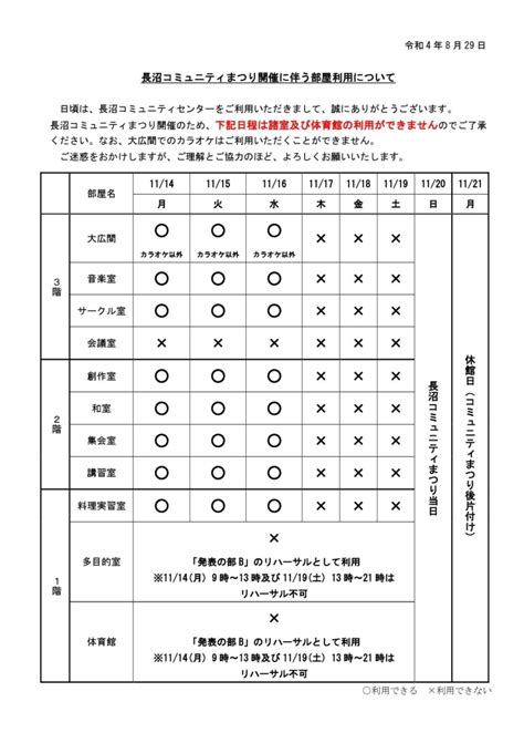 長沼コミュニティまつり開催に伴う諸室及び体育館の利用制限について 11 5更新 千葉市稲毛区長沼コミュニティセンター公式ホームページ