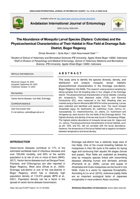 Pdf The Abundance Of Mosquito Larval Species Diptera Culicidae And The Physicocemical