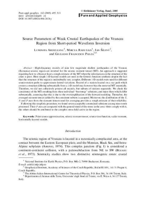 Pdf Source Parameters Of Weak Crustal Earthquakes Of The Vrancea Region From Short Period