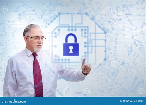 Man In Digital Security Concept Pressing Button Stock Image Image Of Encryption Connection