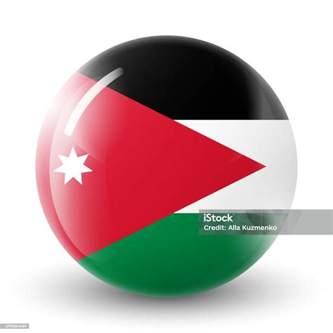 요르단 국기가 달린 유리 라이트 볼 둥근 구 템플릿 아이콘 디에이션 기호 흰색 배경에 강조 표시된 광택 사실적 공 3d 추상 벡터 일러스트레이션 큰 거품 3차원 형태에 대한