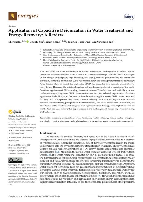 Pdf Application Of Capacitive Deionization In Water Treatment And
