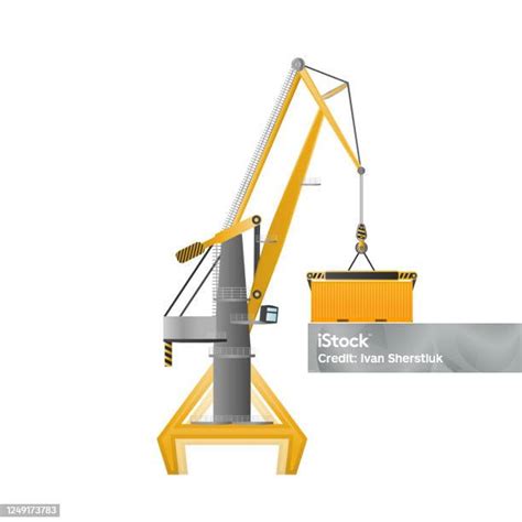 물건을 들어 올리는 산업용 크레인 크레인이 화물 컨테이너를 들어 올립니다 유통 물류 및 화물주제에 대한 설계에 적합합니다 강철에 대한 스톡 벡터 아트 및 기타 이미지