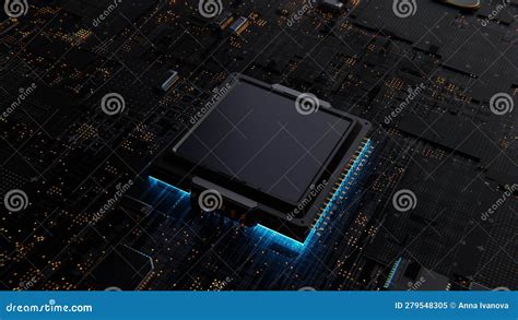 Computer Chip Processor On Motherboard Glows Blue Artificial
