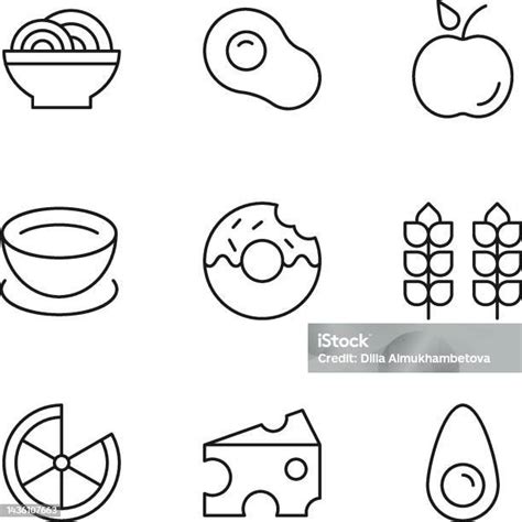 웹 사이트 광고 기사 상점 상점에 대한 격리 된 벡터 라인 아이콘의 컬렉션 편집 가능한 획 국수 오믈렛 사과 그릇 도넛 밀