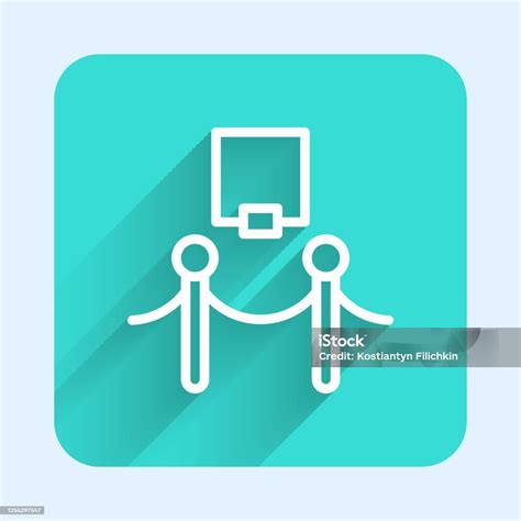 긴 그림자로 격리 된 흰색 라인 그림 프레임과 로프 장벽 아이콘 전시 보호 박물관 갤러리 인테리어 녹색 정사각형 버튼입니다 벡터
