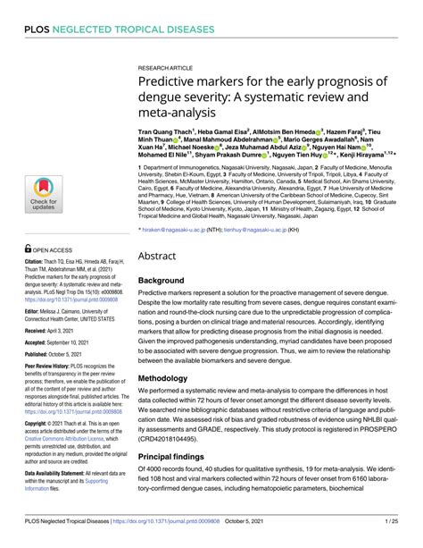 Pdf Predictive Markers For The Early Prognosis Of Dengue Severity A Systematic Review And