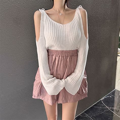 여리핏보장🤍 어깨 트임 리본 롱슬리브 여리 니트 오프숄더니트 골지니트 여름니트 간절기니트 에이블리