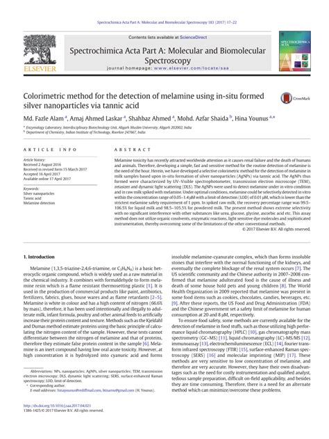 Pdf Colorimetric Method For The Detection Of Melamine Using In Situ Formed Silver