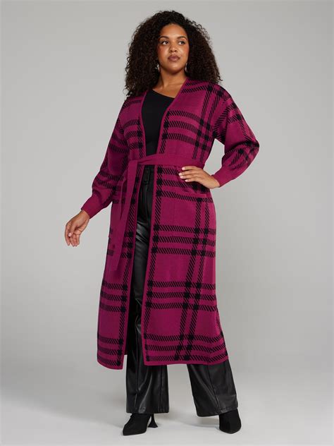 Plus Size Belted Plaid Long Cardigan Fashion To Figure