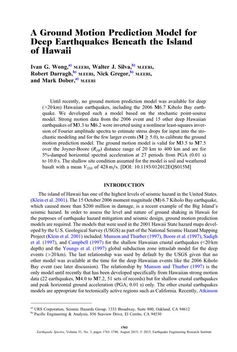 Pdf A Ground Motion Prediction Model For Deep Earthquakes Beneath The Island Of Hawaii