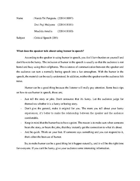 Group Assignment Humor In Speech Critical Speech 205 Name Nanda Tri Pangestu 2201418097