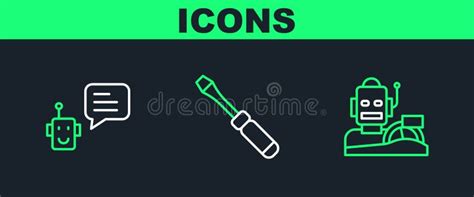 Set Line Robot Humanoid Driving A Car Bot And Screwdriver Icon Vector