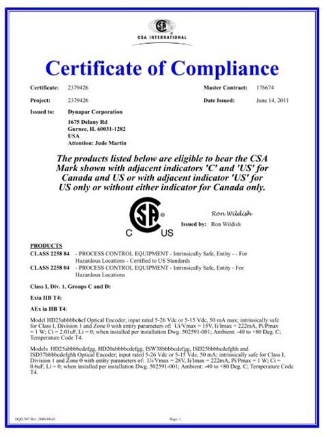 Csa Certificate Of Compliance Dynapar