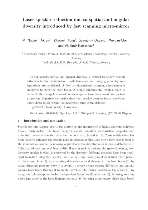 Pdf Laser Speckle Reduction Due To Spatial And Angular Diversity