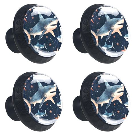 4 Pcs Starry Shark Print Cabinet Knobs 30mm Round Crystal Glass Drawer Handles Pulls With Screws