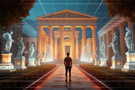 Temporal Convergence Ancient Architecture Reimagined Through Digital Dimensions Stock