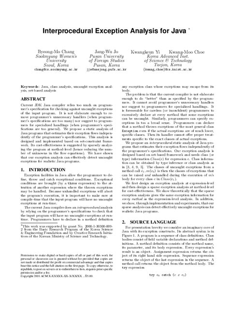 Pdf Interprocedural Exception Analysis For Java