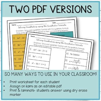Solving Quadratic Functions Using Quadratic Formula Digital And Print Activity