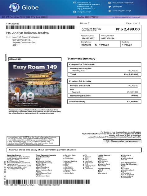 Globe Bill Sample Pdf Banks Value Added Tax