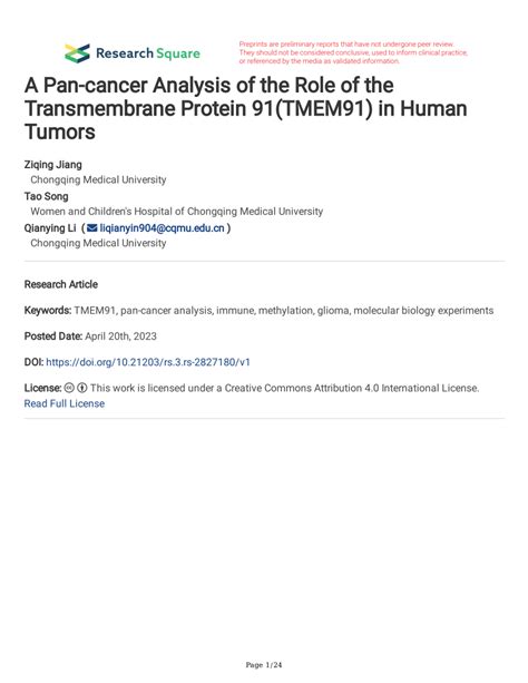 Pdf A Pan Cancer Analysis Of The Role Of The Transmembrane Protein 91