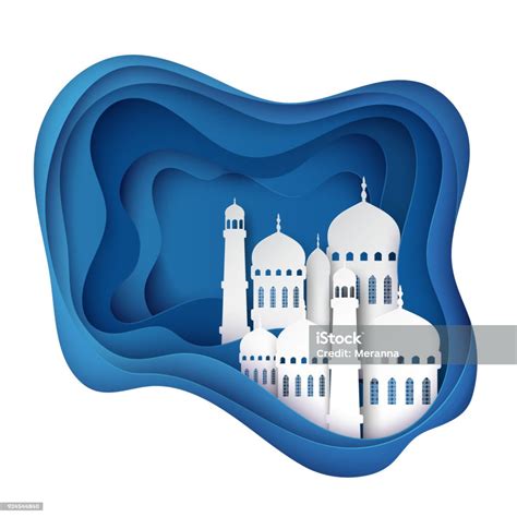 벡터 3d 백서 모스크입니다 라마단 카림 인사말 카드 아랍어 종이 접기 모스크 파도 함께 0명에 대한 스톡 벡터 아트 및 기타 이미지 Istock