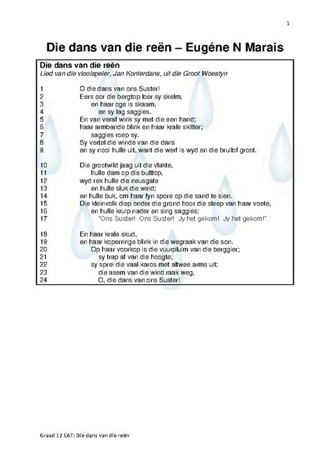 Die Dans Van Die Reën Gedig Notas En Analise Marais 2023 Studocu